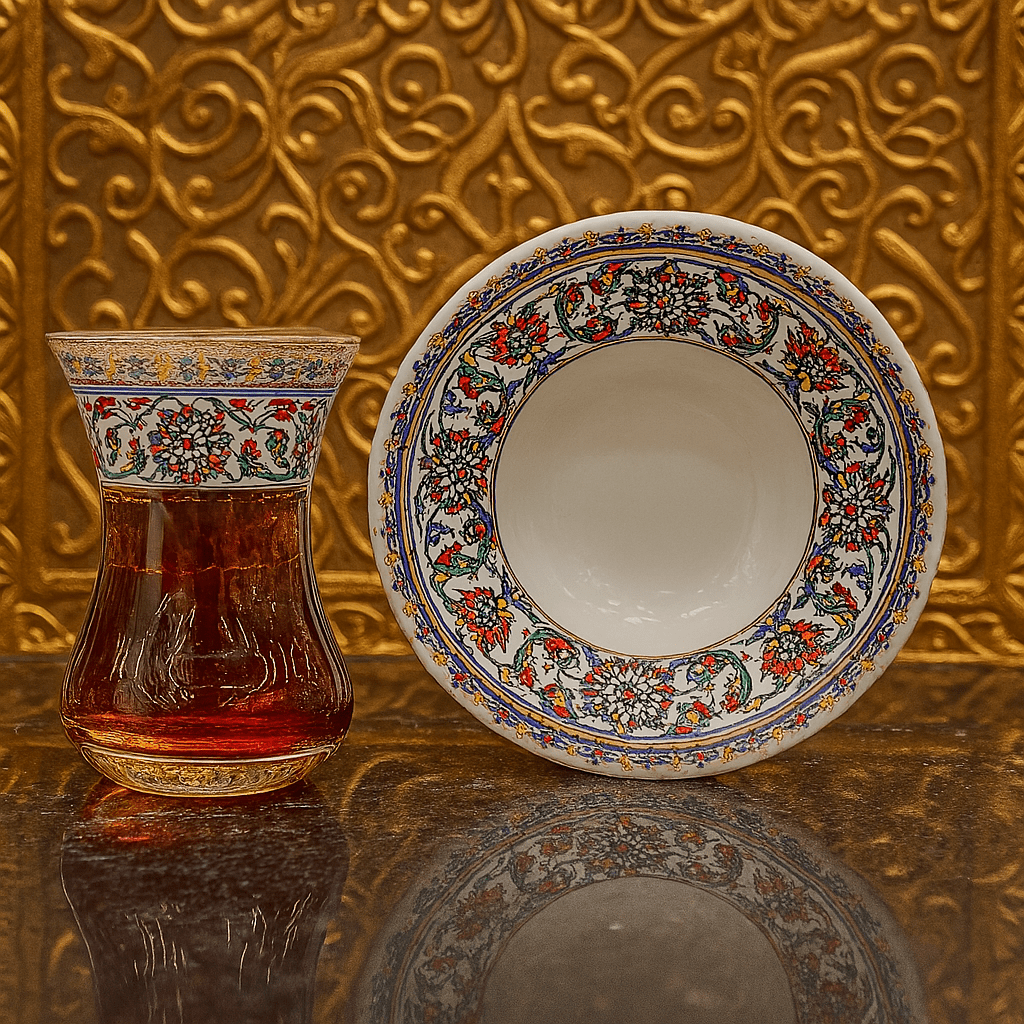 Topkapi Gold Turkish Tea Glass Set – 6 Pieces | Ottoman Style Iznik Mo